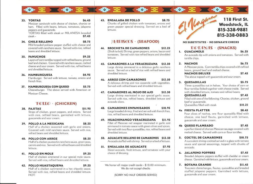 Menu at El Niagara restaurant, Woodstock