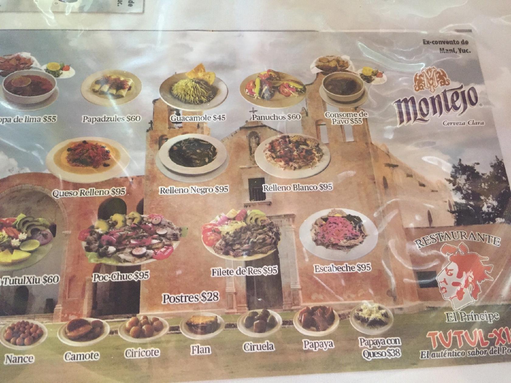 Carta del restaurante El Príncipe Tutul Xiu, Maní