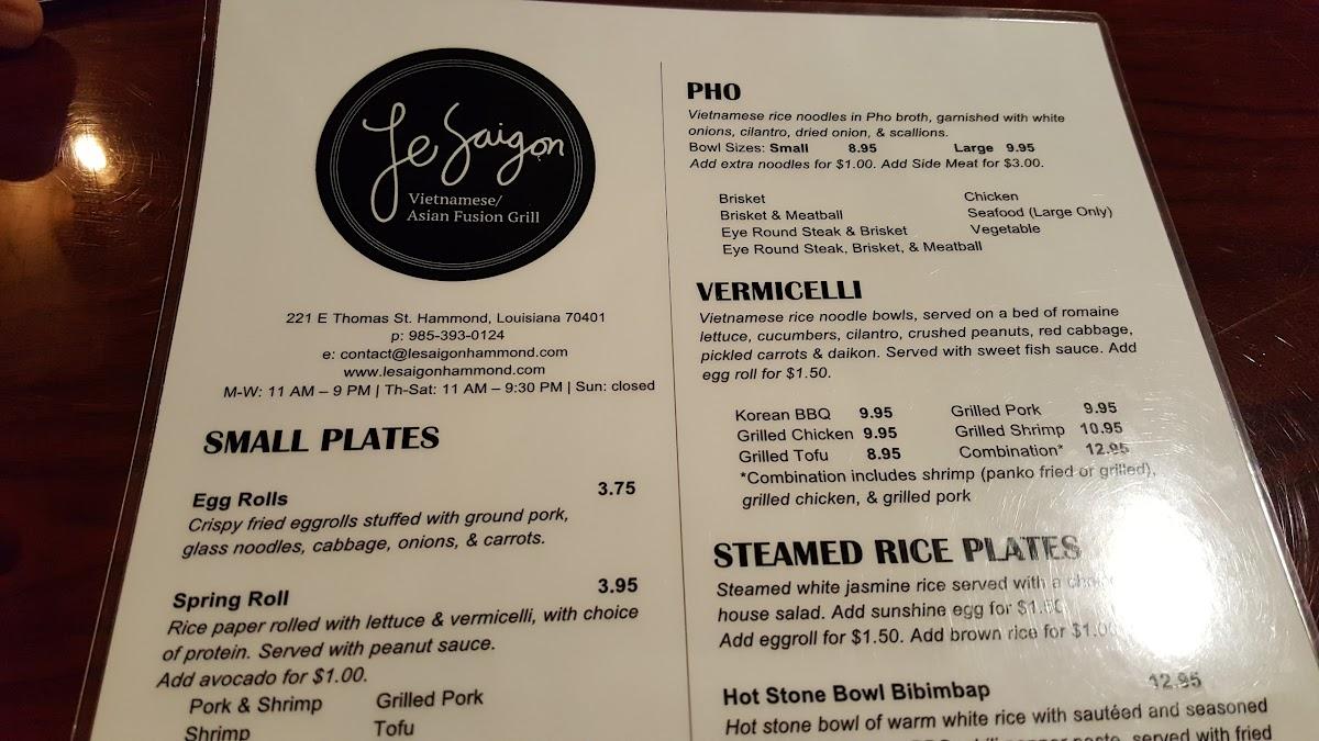 Menu at Le Saigon restaurant, Hammond