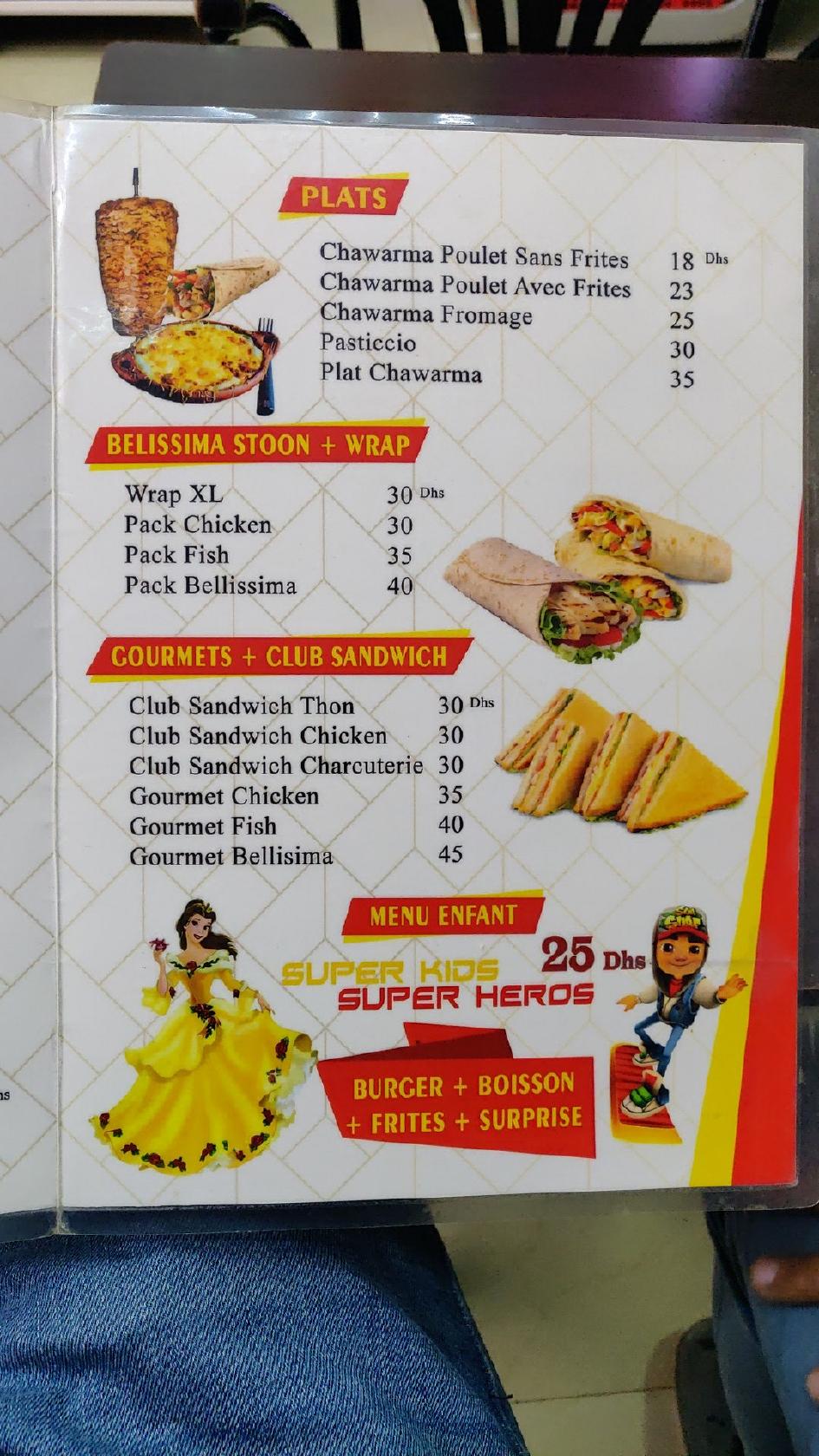 Menu at Bellissima restaurant, Meknes