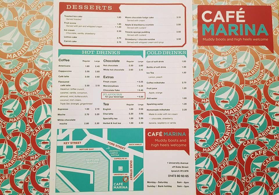 Menu at Cafe Marina, Ipswich
