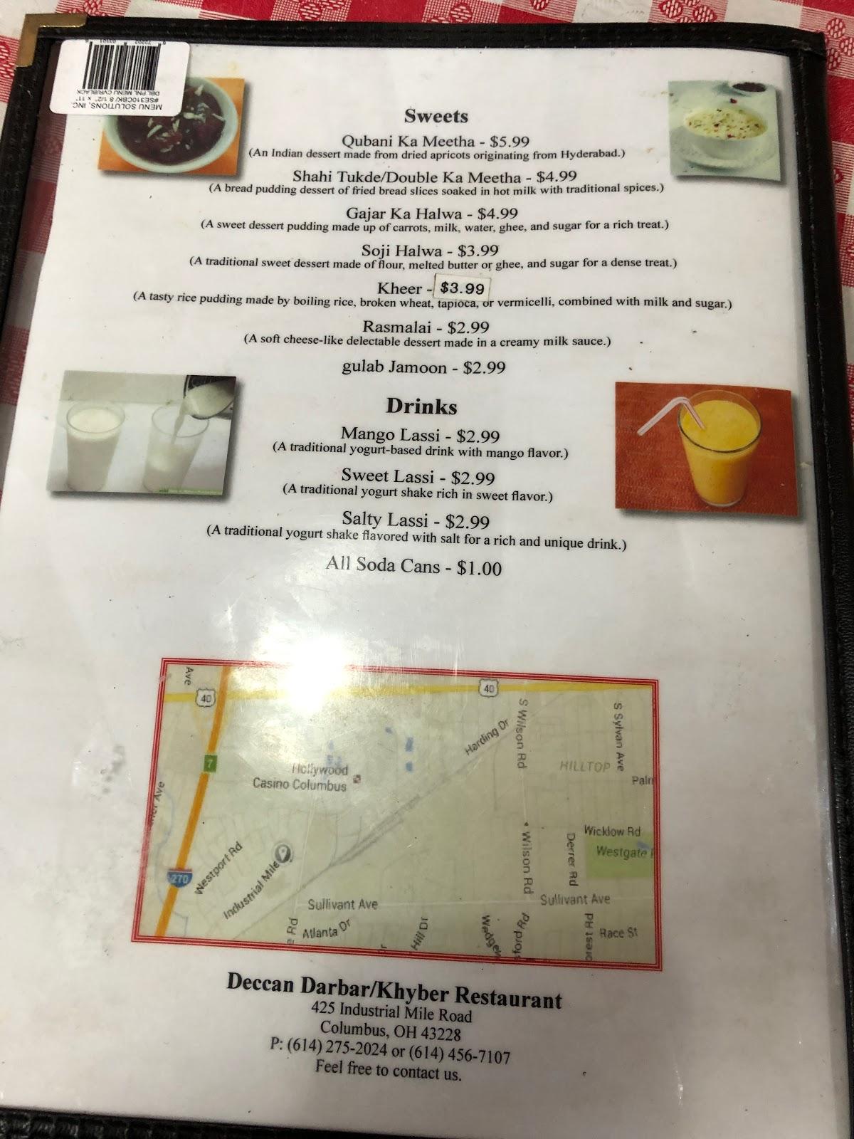 Menu at Deccan Darbar/Khyber Restaurant, Columbus