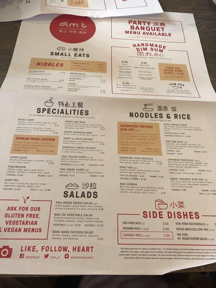 Menu at dim t restaurant, Winchester