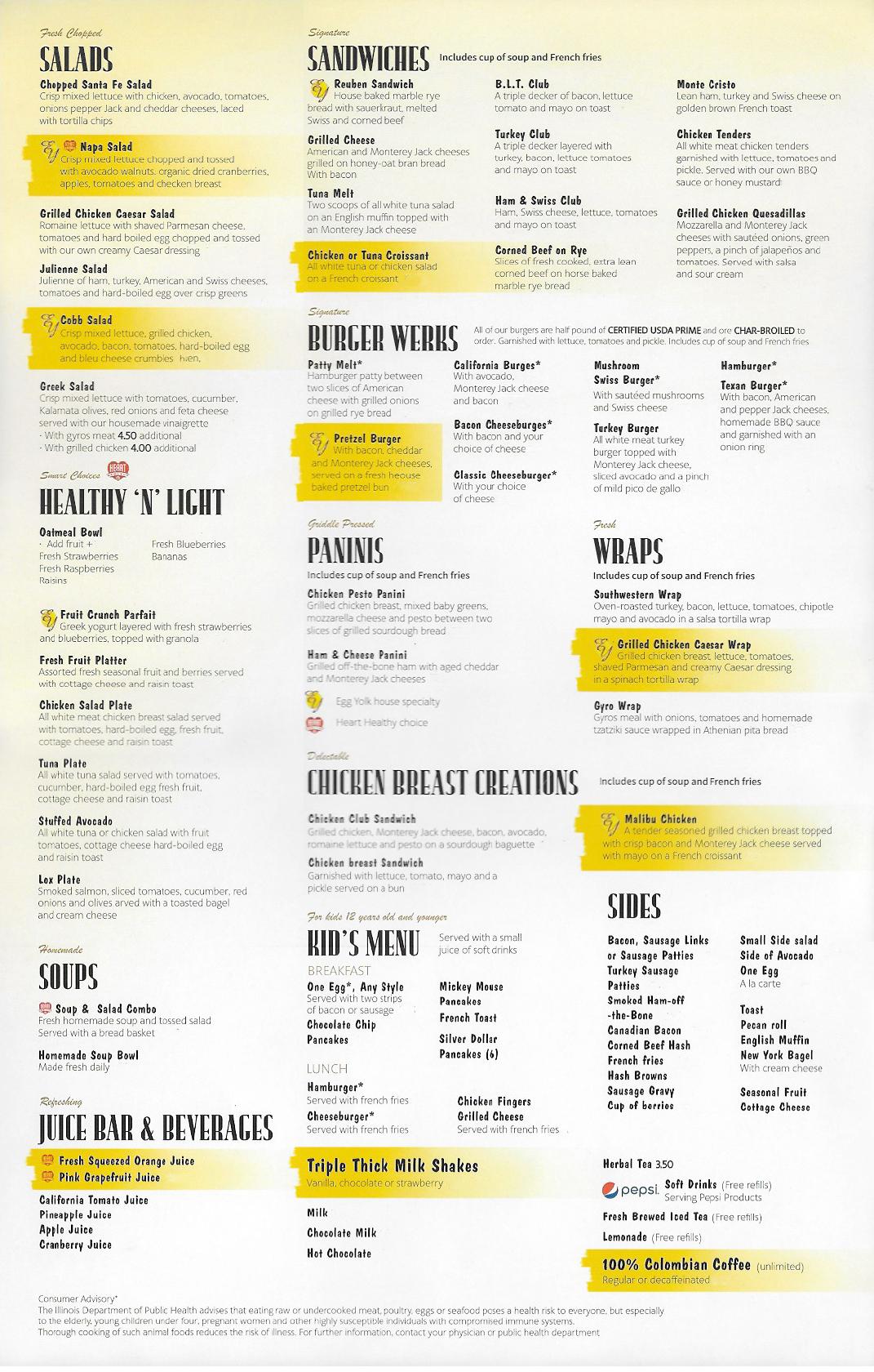 Menu at Egg Yolk Cafe, West Chicago