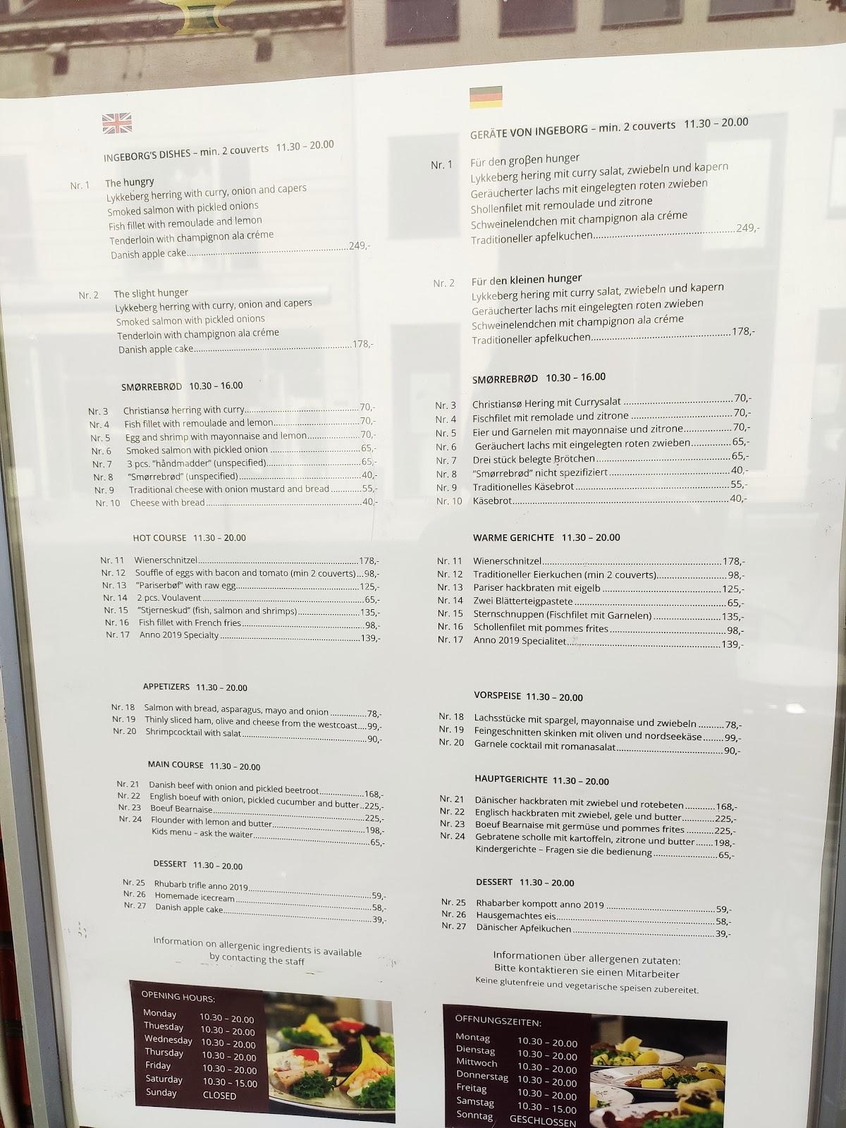 Menu at Hos Ingeborg restaurant, Esbjerg