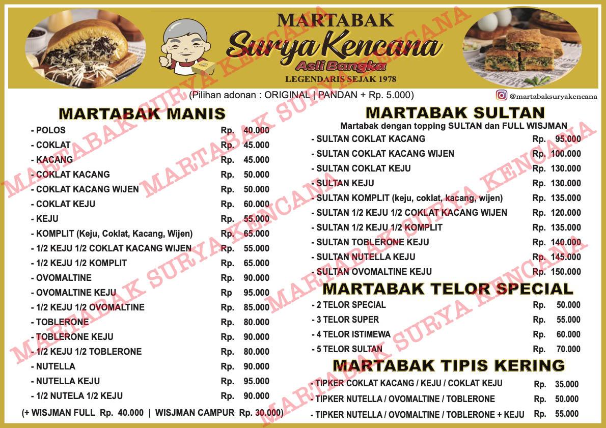 Menu at Martabak Surya Kencana Puri restaurant, West Jakarta