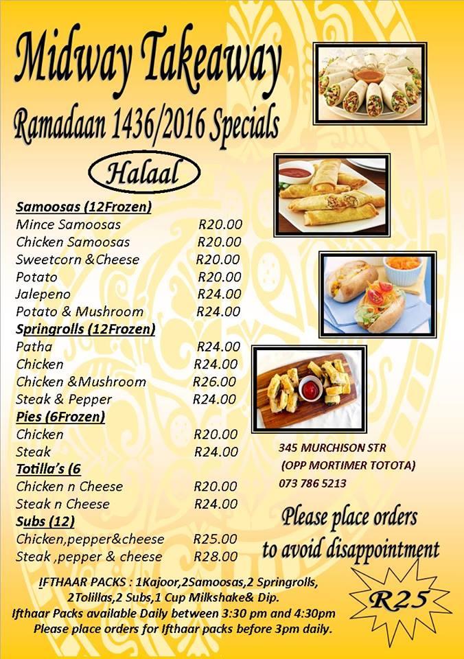 Menu at Midway's Take Away & Savoury's restaurant, Ladysmith