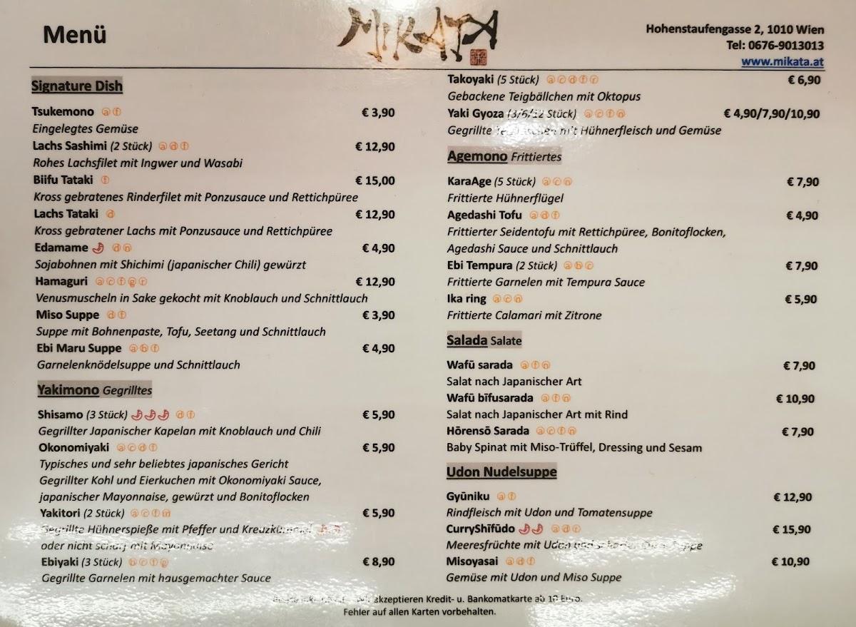 Speisekarte von Mikata Izakaya restaurant, Wien
