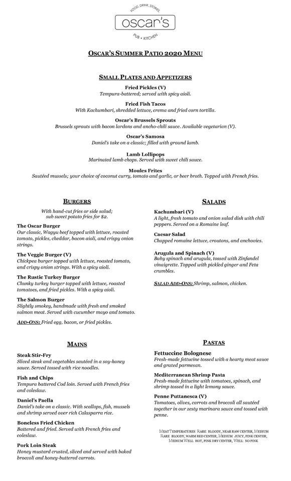 Menu at Oscar's pub & bar, Dedham