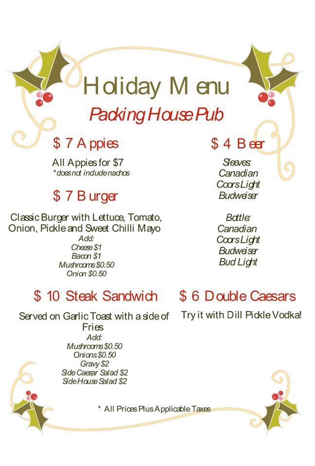 Menu at Packing House Pub, Kelowna