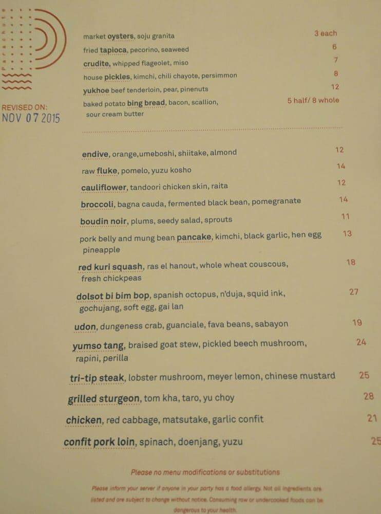 Menu at Parachute restaurant, Chicago