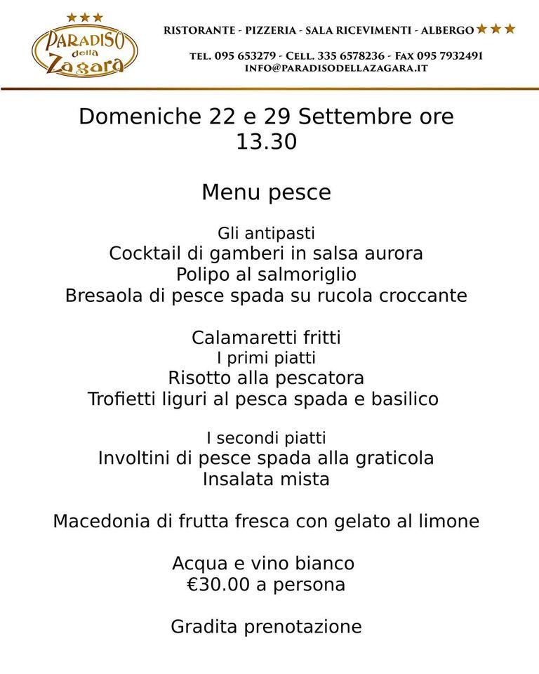 Carta del restaurante Paradiso della zagara, Ramacca