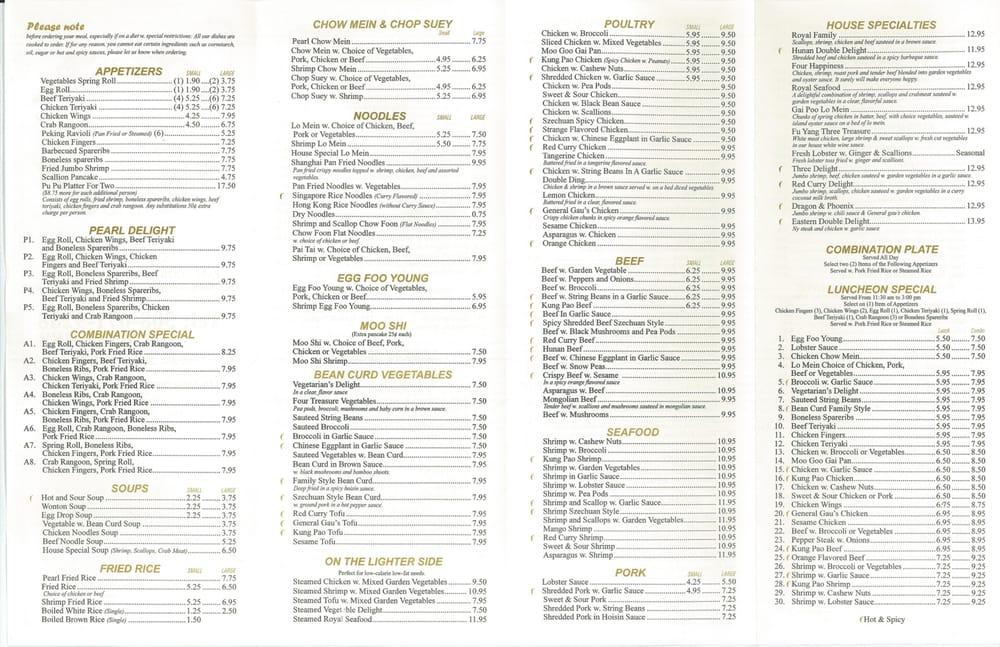 Menu at Eastern Pearl restaurant, Webster