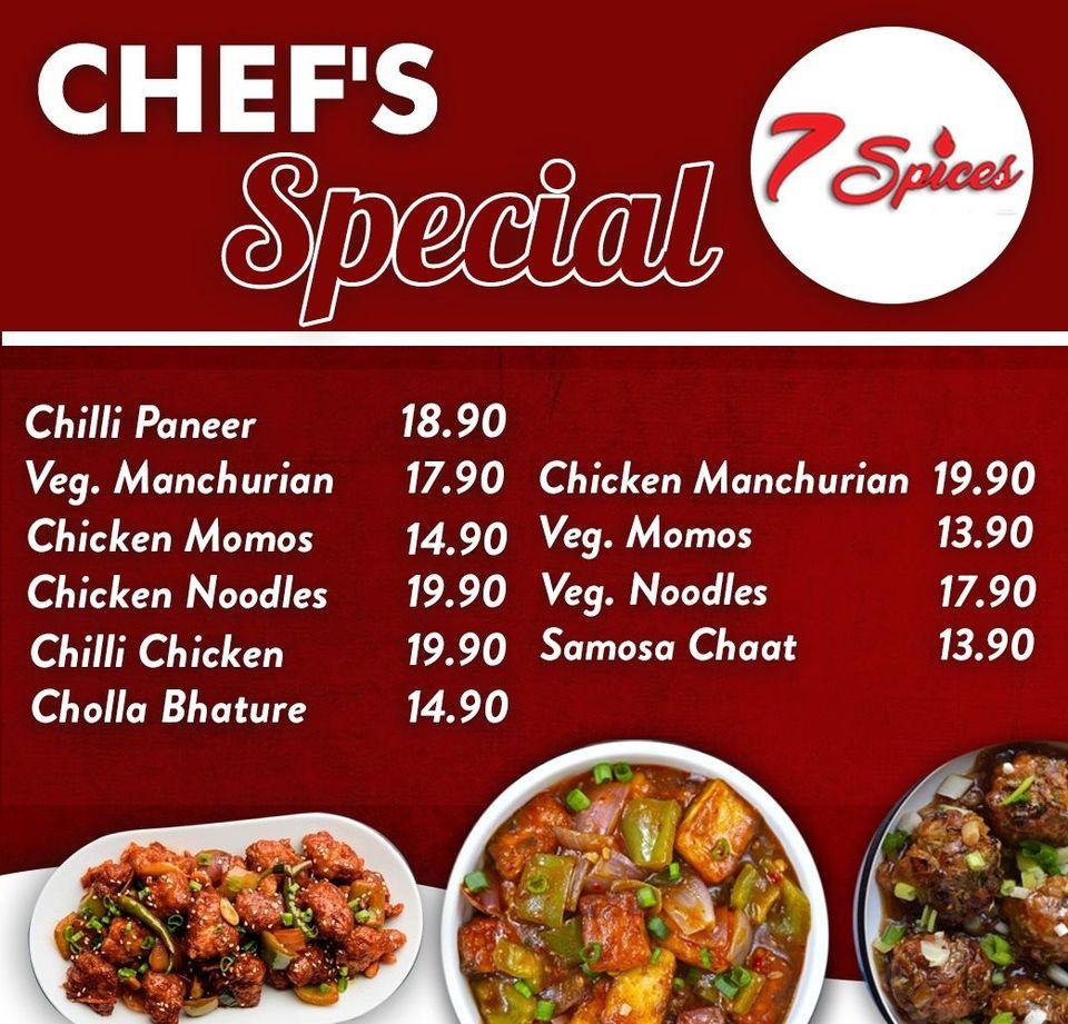 Menu at Seven Spices restaurant, Toowoomba City