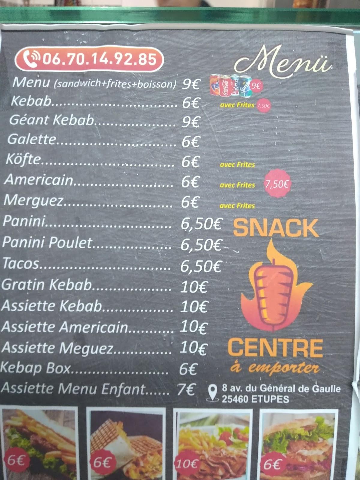 Menu au Snack Centre restaurant, Étupes