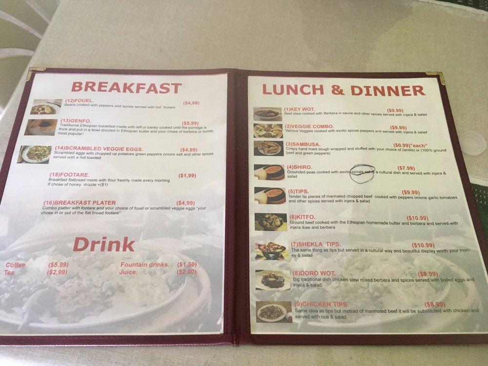 Menu at Addis Ababa Restaurant and café, Phoenix
