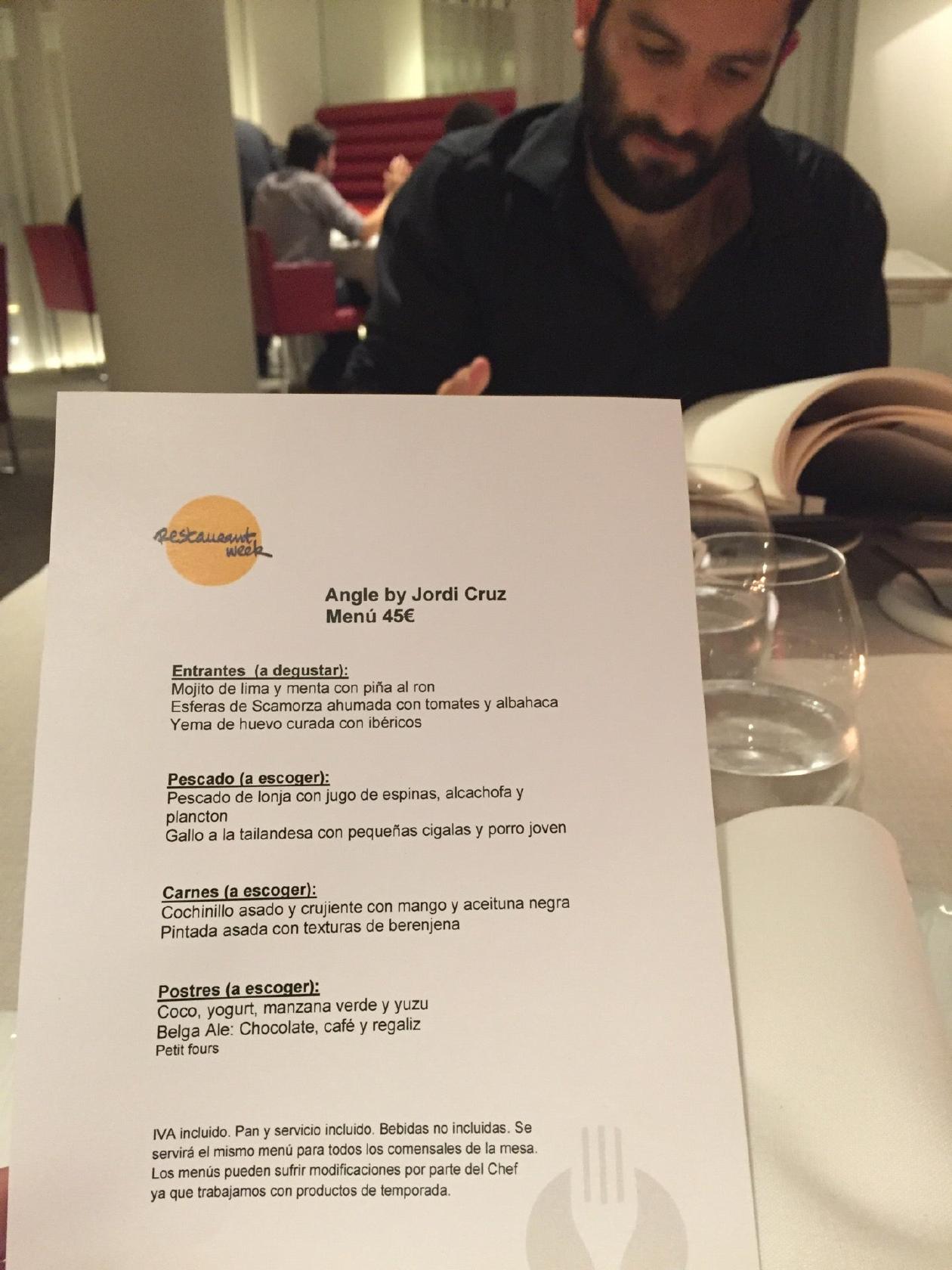 Menu at Angle Barcelona, Barcelona