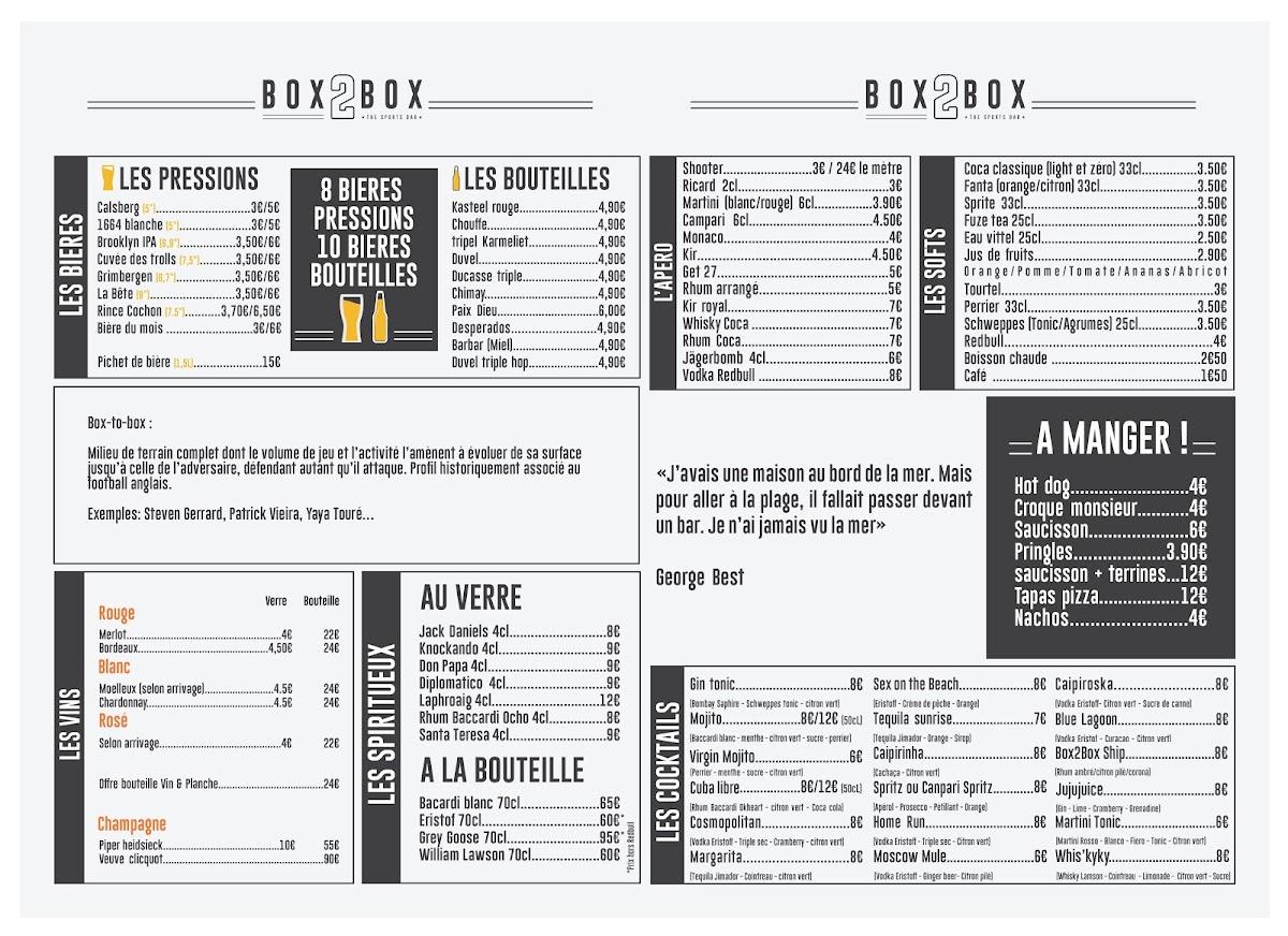 Menu at Box2Box pub & bar, Lille