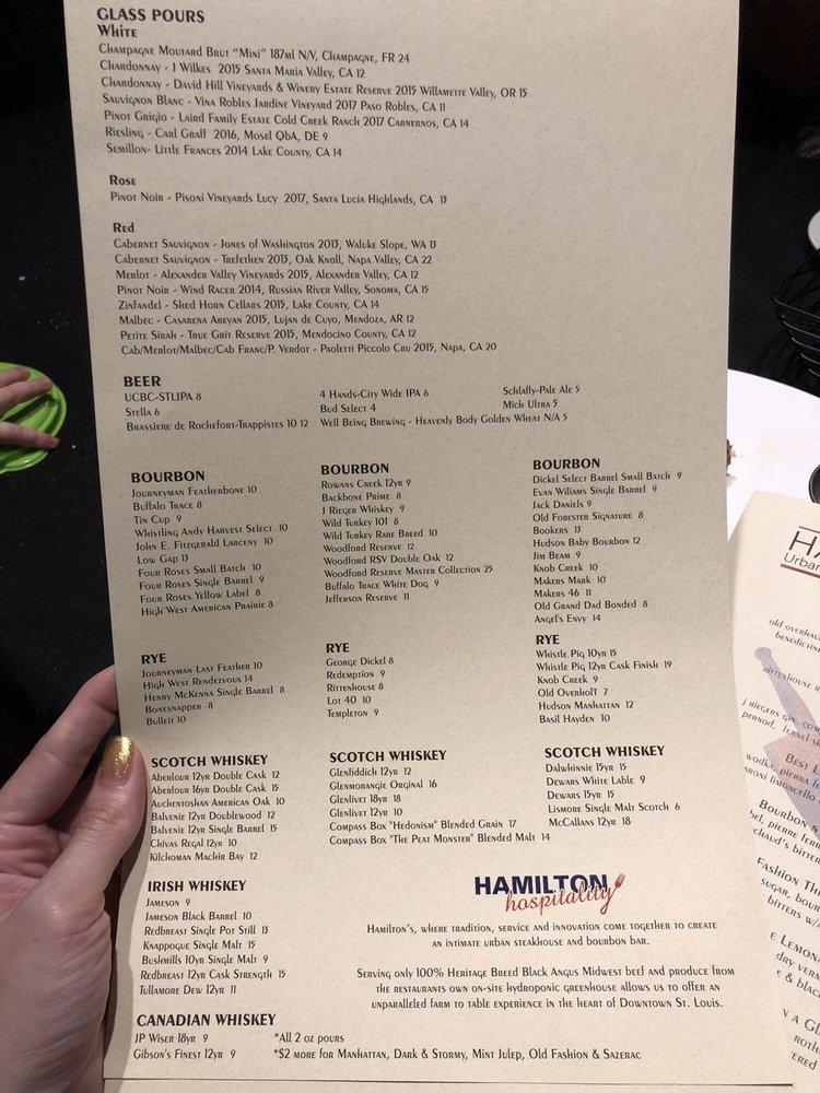 Menu at Hamilton's Urban Steakhouse & Bourbon Bar, St. Louis