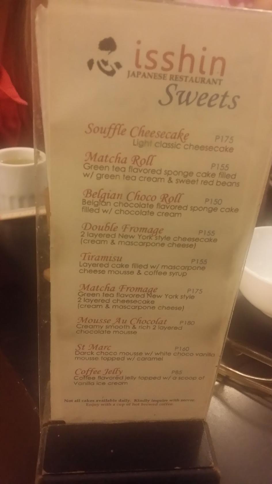 Menu at Isshin restaurant, Makati, Antonio Arnaiz Ave