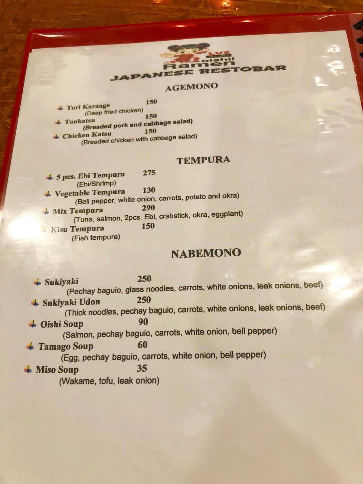 Menu at LVS Oishii Ramen Japanese Restobar, Bacolod