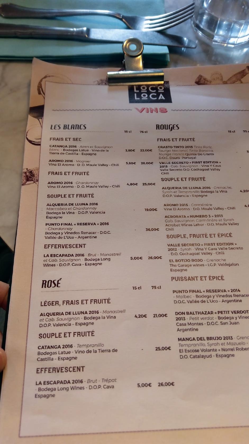 Menu au Loco Loca Rennes pub et bar, Rennes