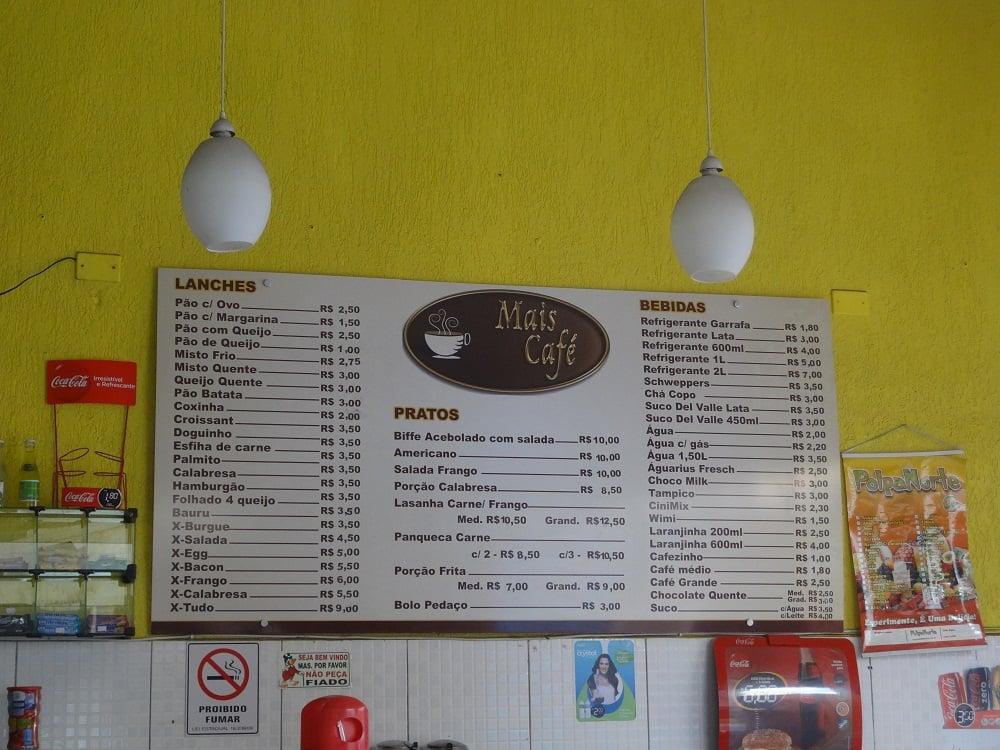 Menu at Mais Café, Curitiba, Rua Riachuelo 345