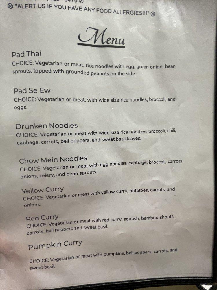 Menu at Moi's Thai Café restaurant, Penn Valley