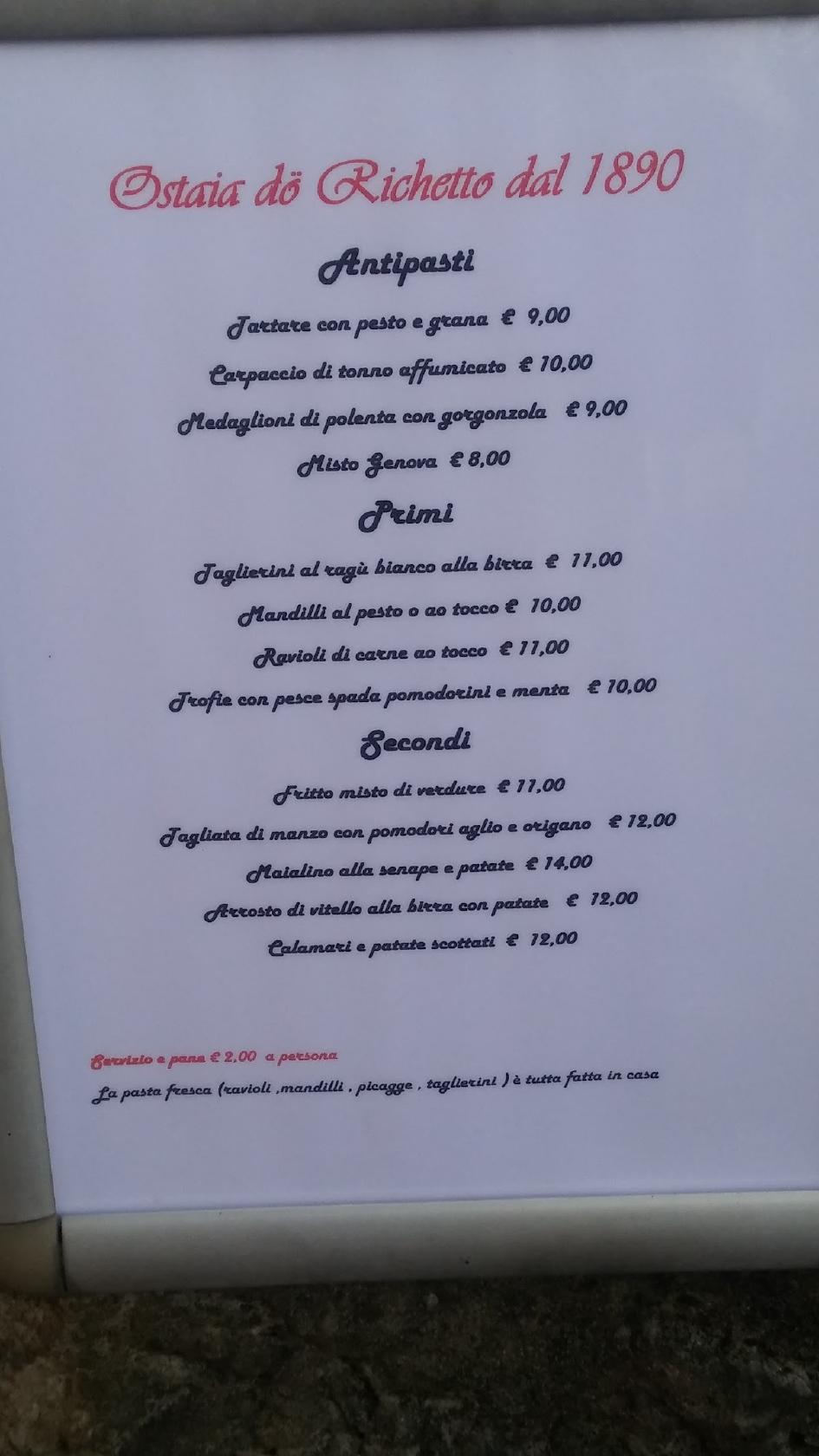 Carta del restaurante Ostaia Du Richetto, Génova