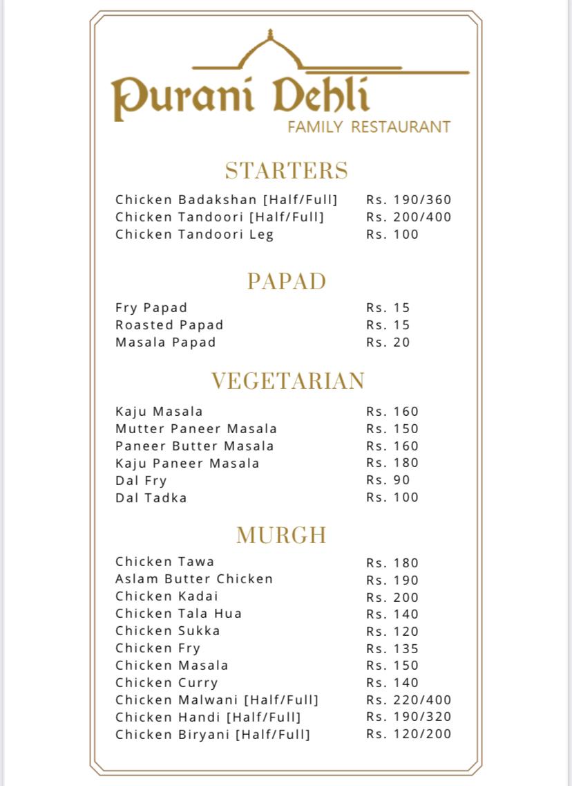 Menu at Purani Delhi, Aurangabad