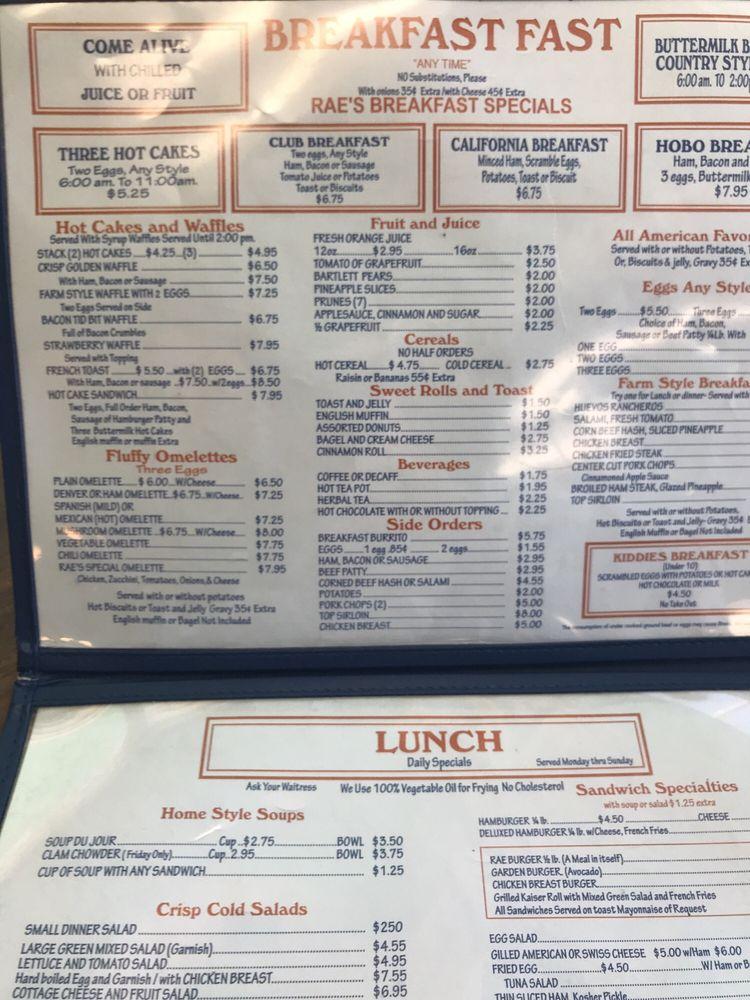 Menu at Rae's Restaurant, Santa Monica