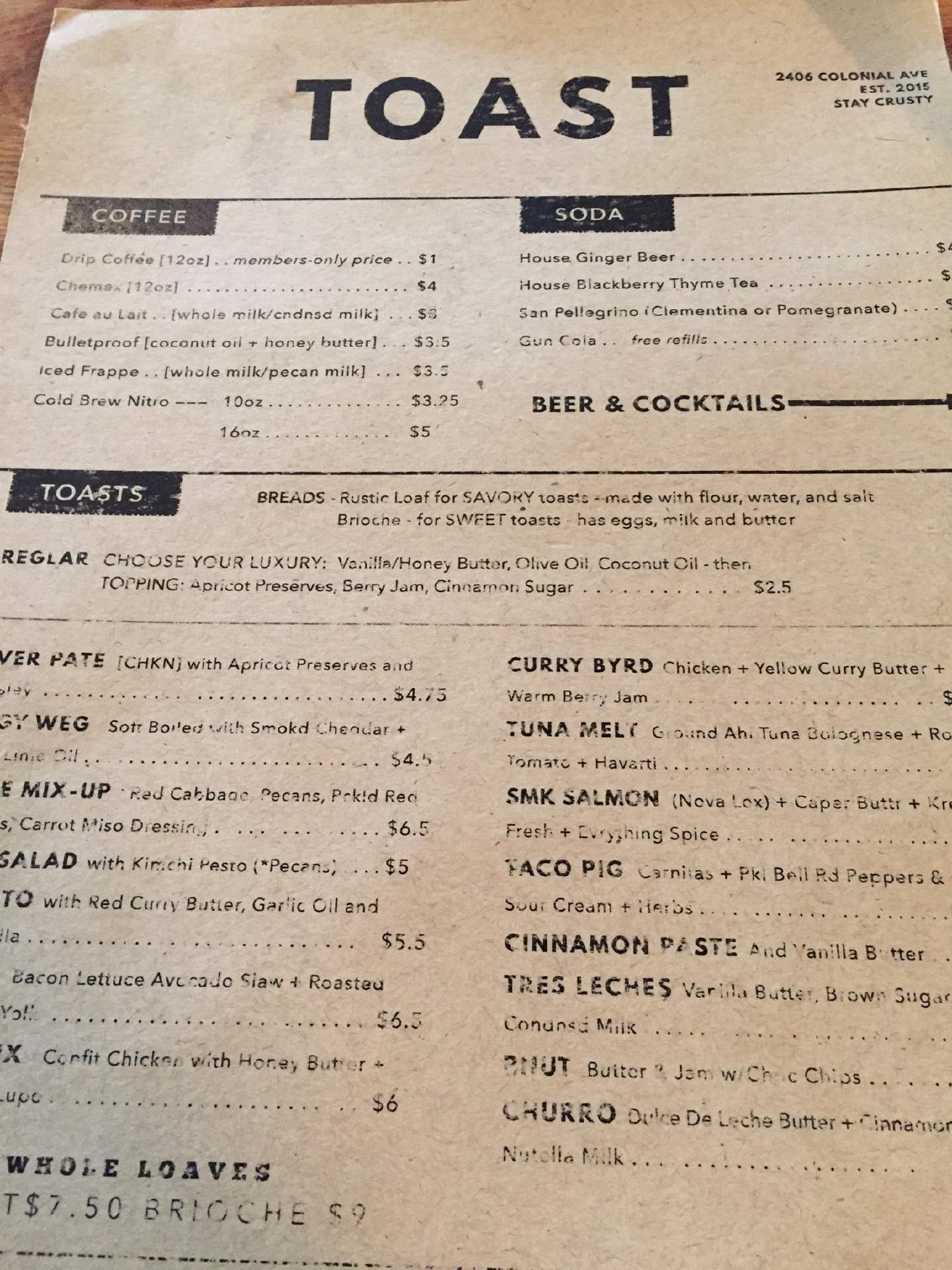 Menu at Toast pub & bar, Norfolk