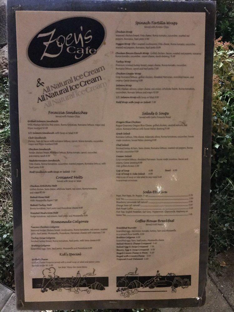 Menu at Zoey's Cafe & Artisan Ice Cream, Ashland