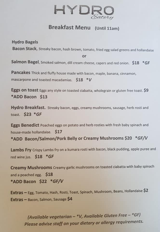 Menu at Hydro Eatery cafe, Turangi