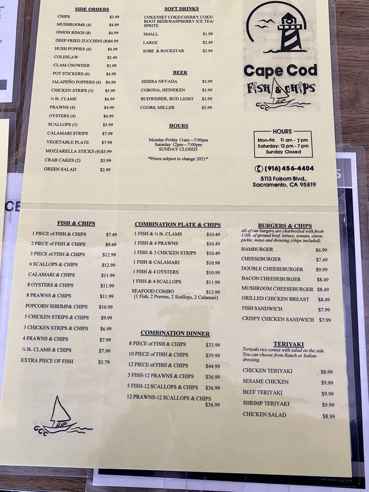 Menu at Cape Cod Fish & Chips restaurant, Sacramento