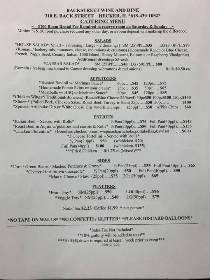 Menu at Backstreet Wine and Dine steakhouse, Hecker