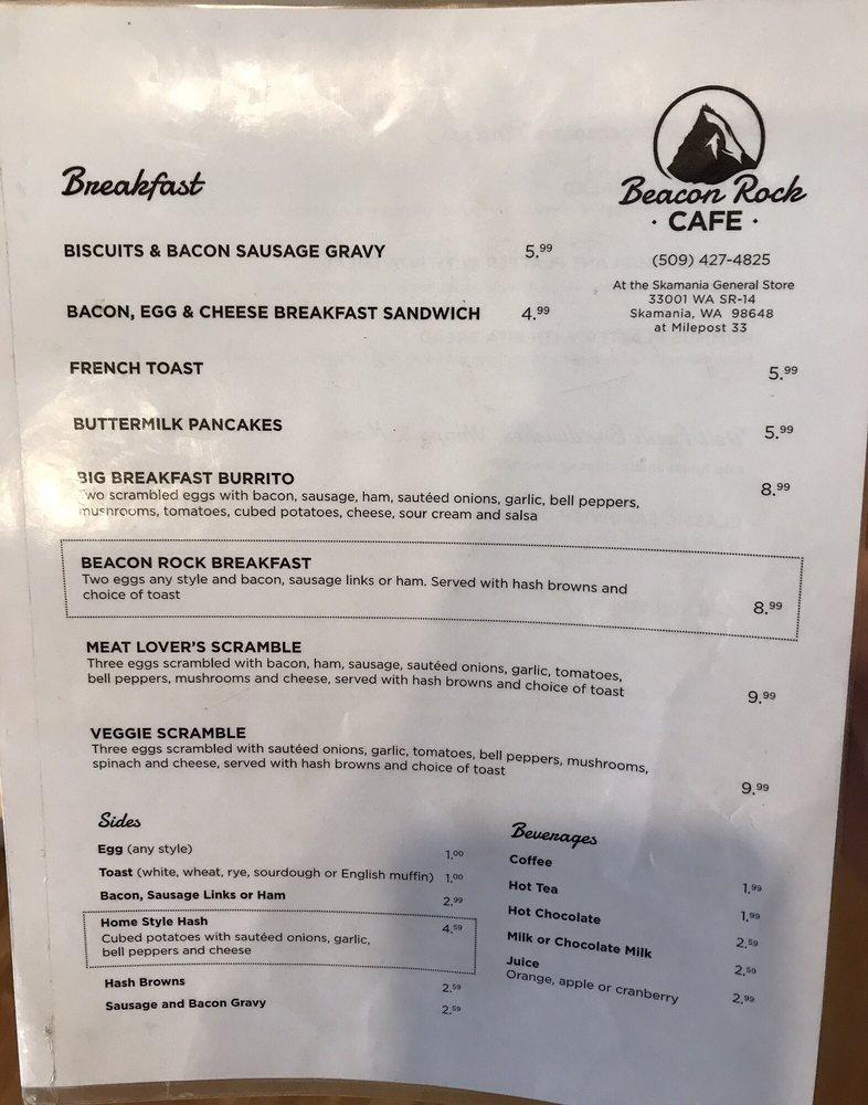Menu at Beacon Rock Cafe at the Skamania General Store, Skamania