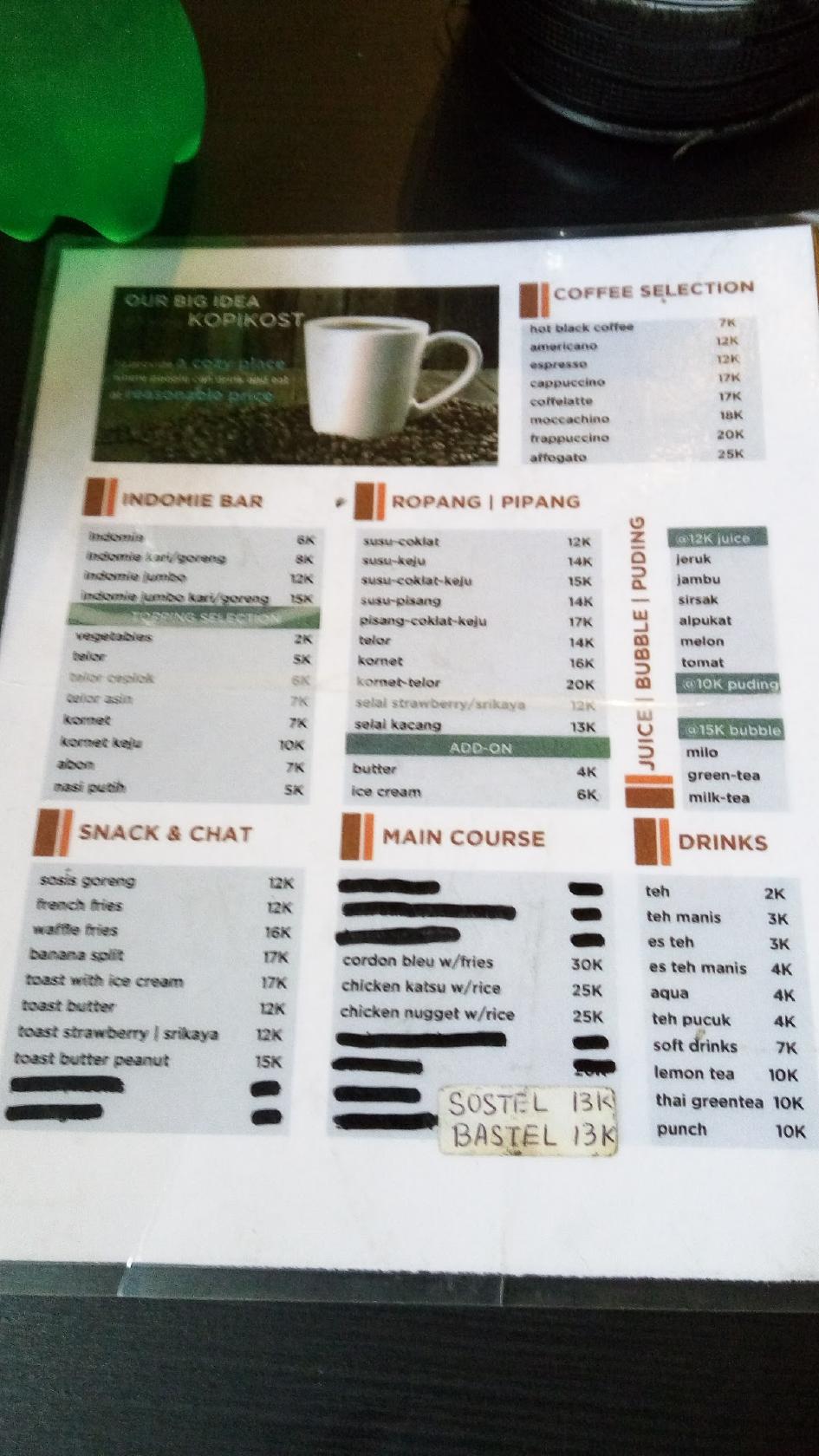 Menu at KOPI KOST cafe, Central Jakarta