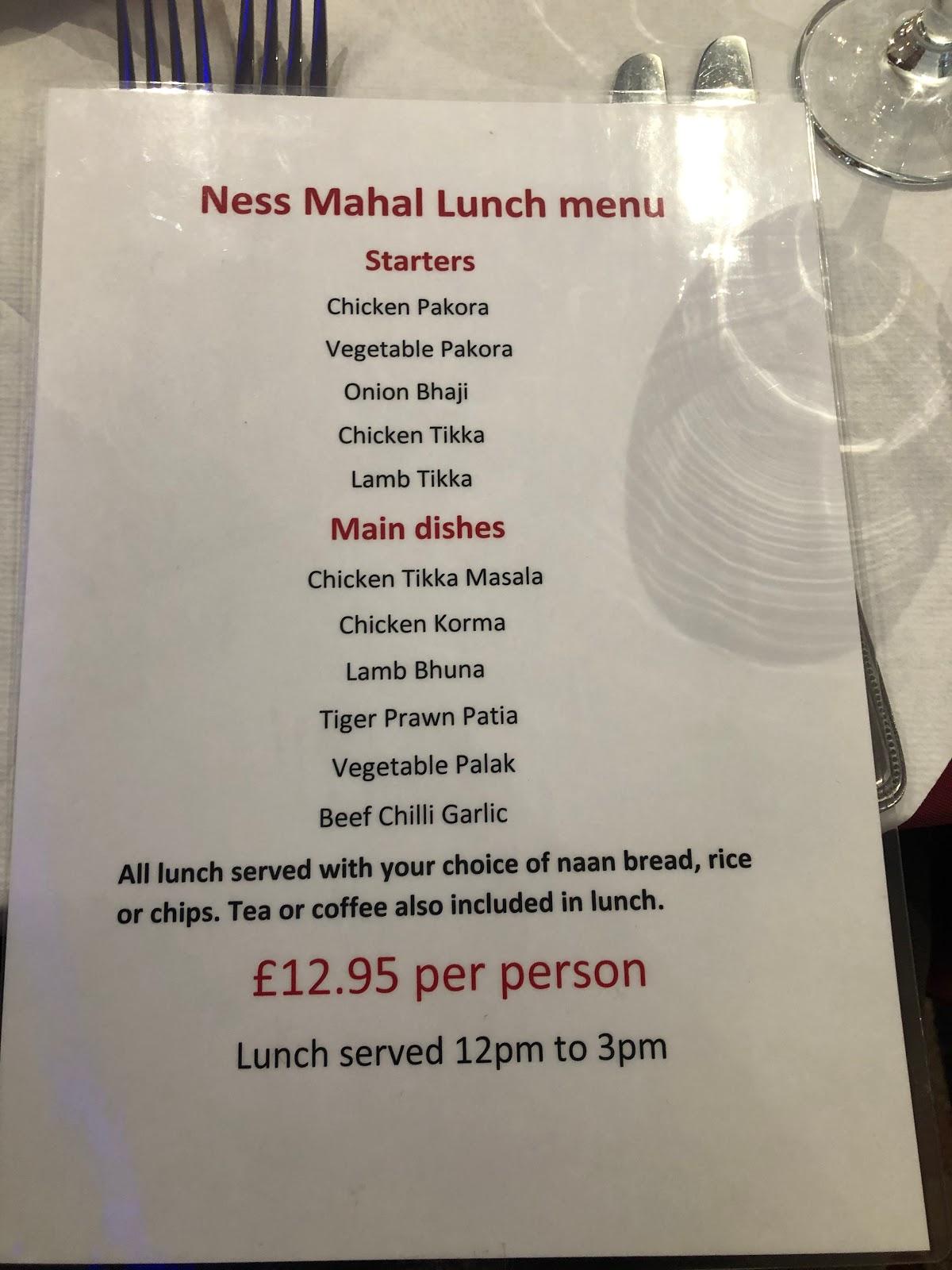 Menu at Ness Mahal restaurant, Inverness