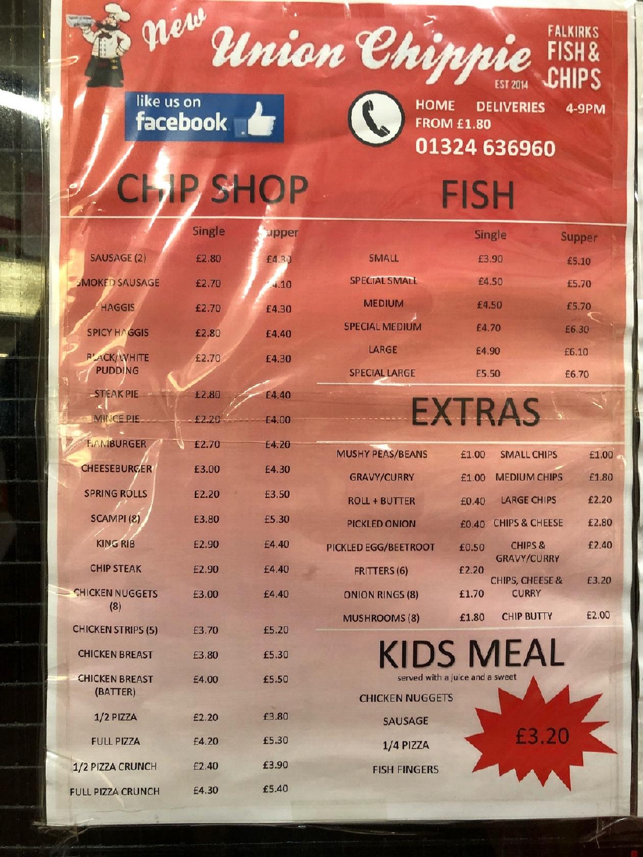 Menu at New Union Chippie fast food, Falkirk