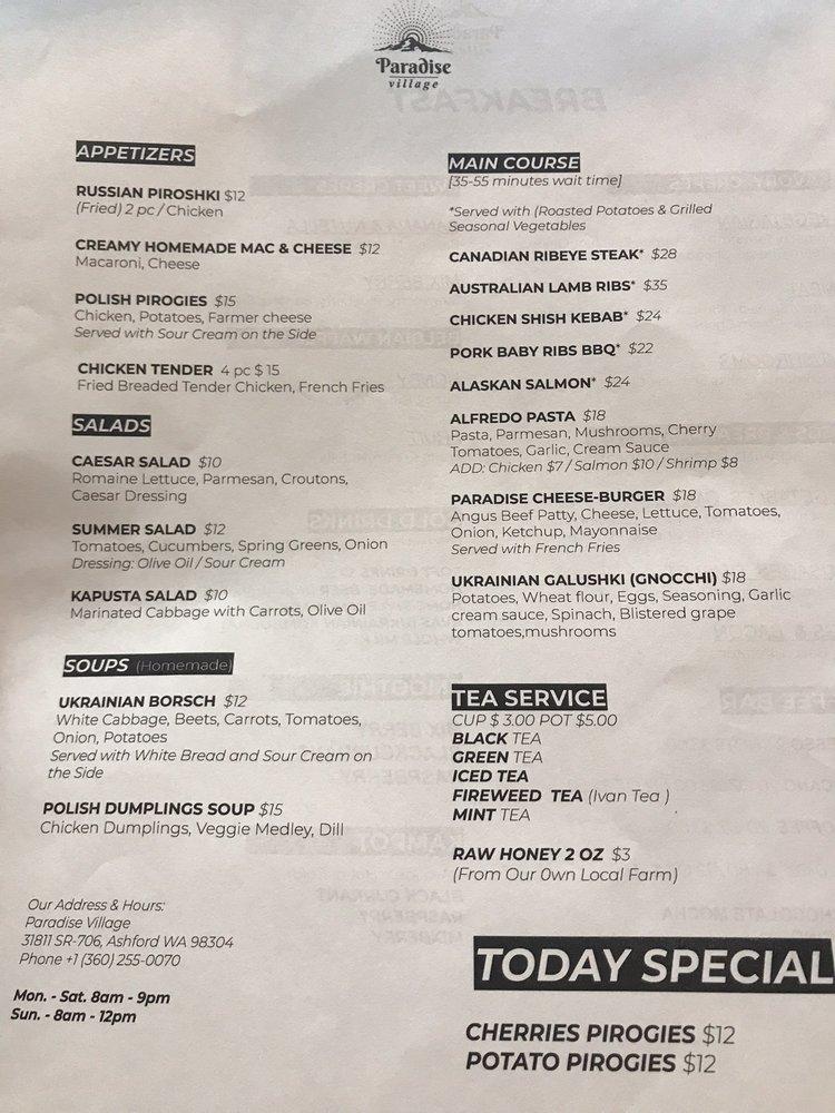 Menu at Paradise Village Hotel & Restaurant, Ashford