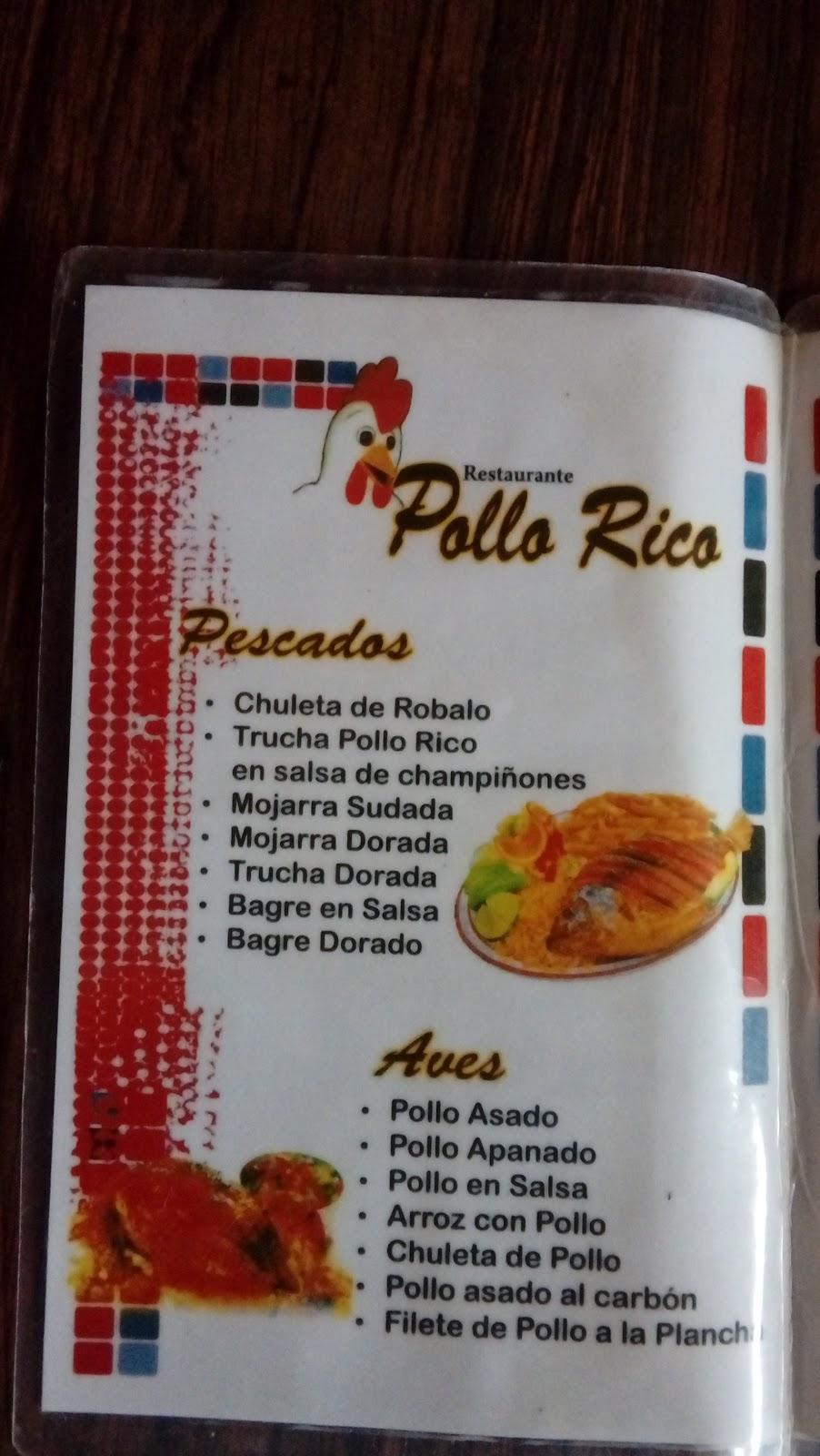Menu at Pollo Rico restaurant, Calarcá