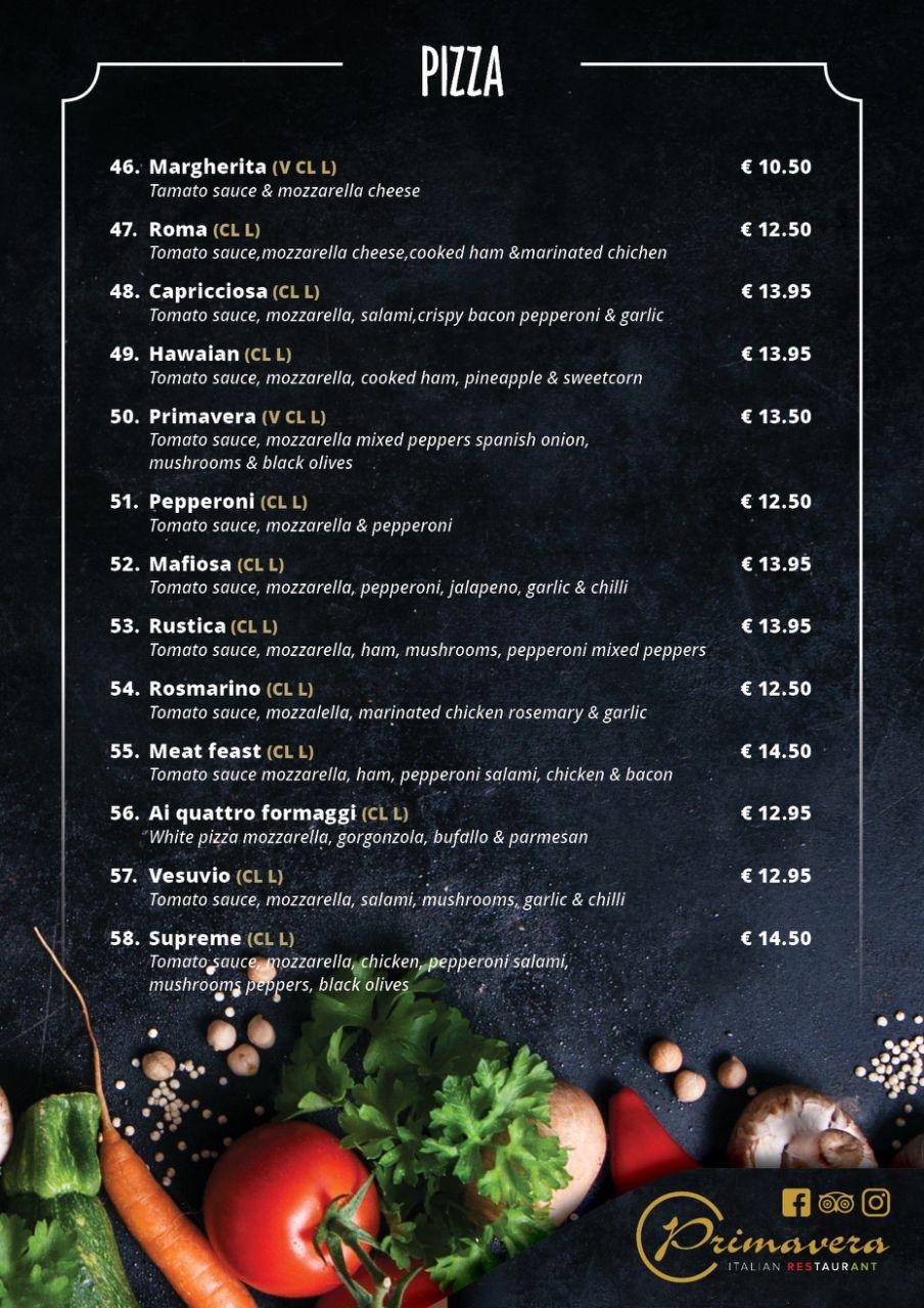 Menu at Primavera Restaurant, Buncrana