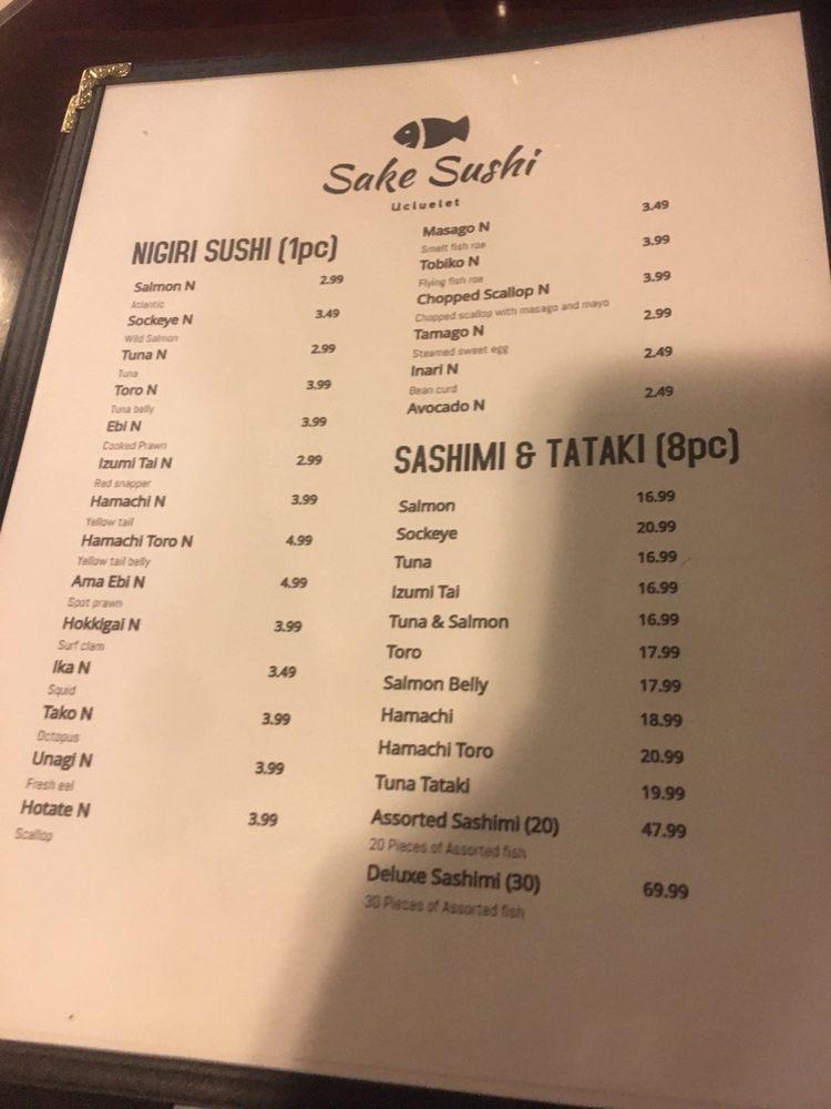 Menu at Sake Sushi restaurant, Ucluelet