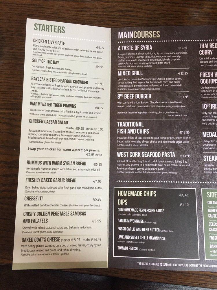 Menu at Salinas Bistro restaurant, Midleton