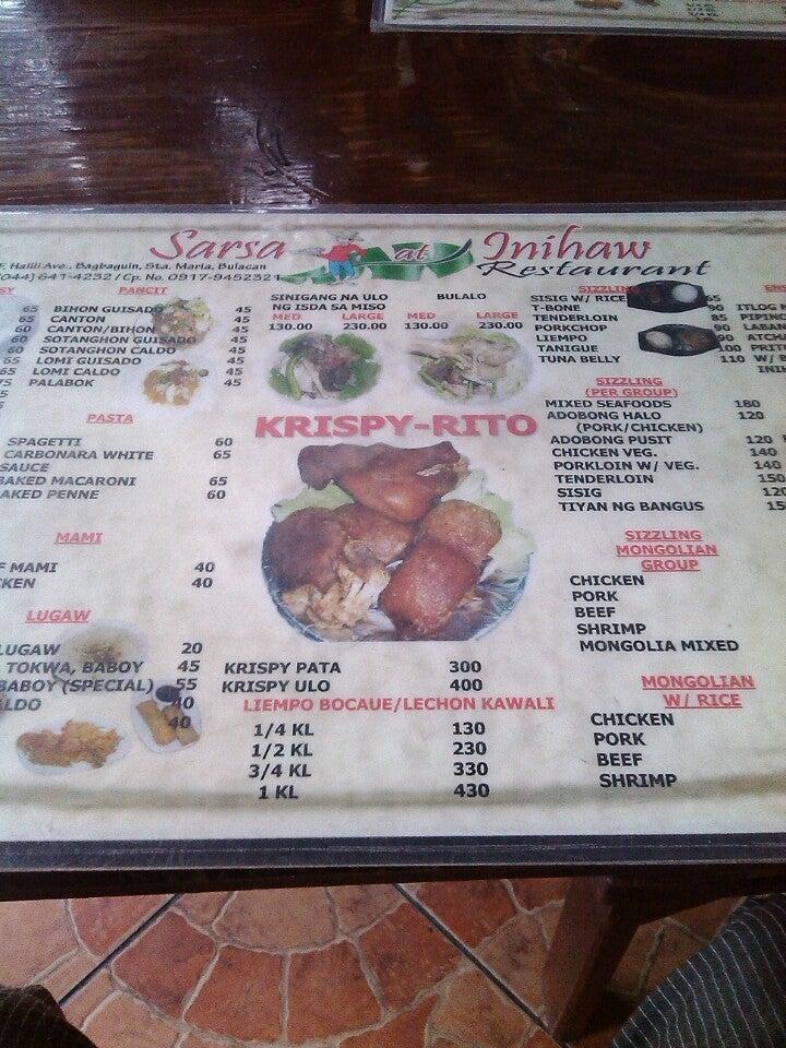 Menu at Sarsa At Inihaw restaurant, Santa Maria, 2 Gov Fortunato Halili Ave