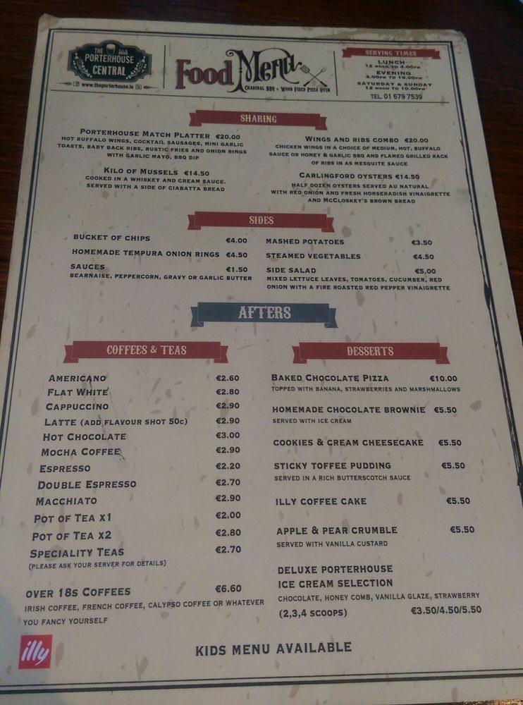 Menu at The Porterhouse Central pub & bar, Dublin