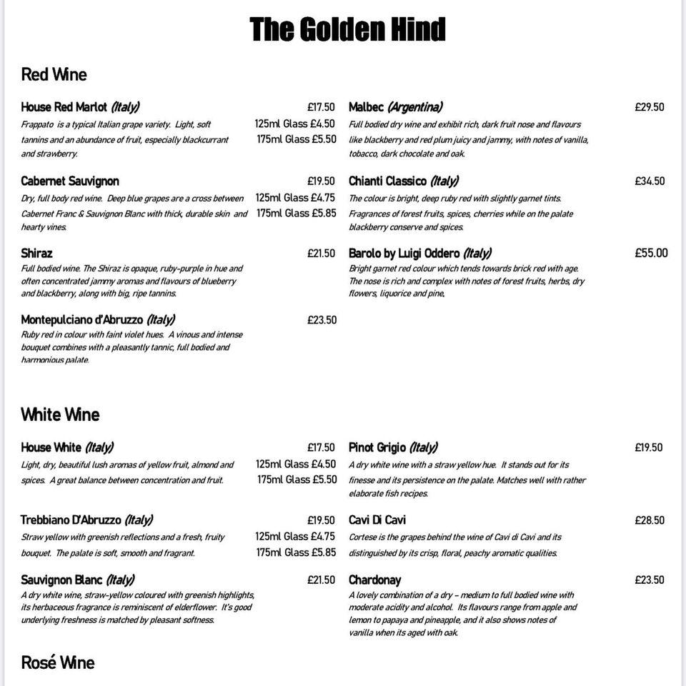 Carta de The Golden Hind Restaurant Marylebone - Fish & Chips, Londres