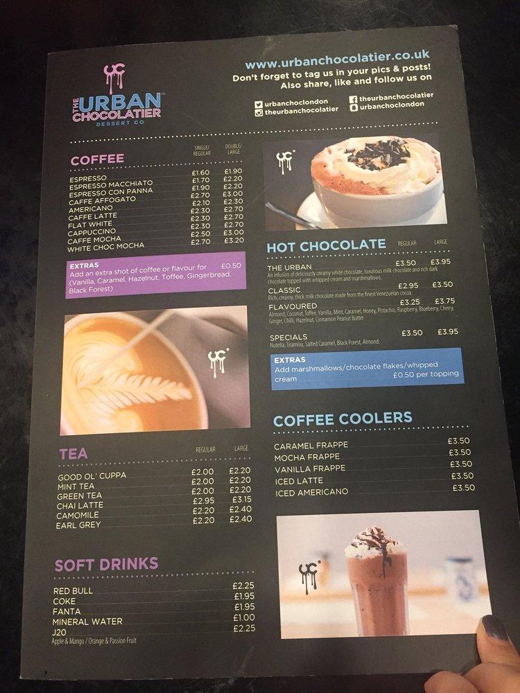 Menu at The Urban Chocolatier Whitechapel restaurant, London, 9 Davenant St