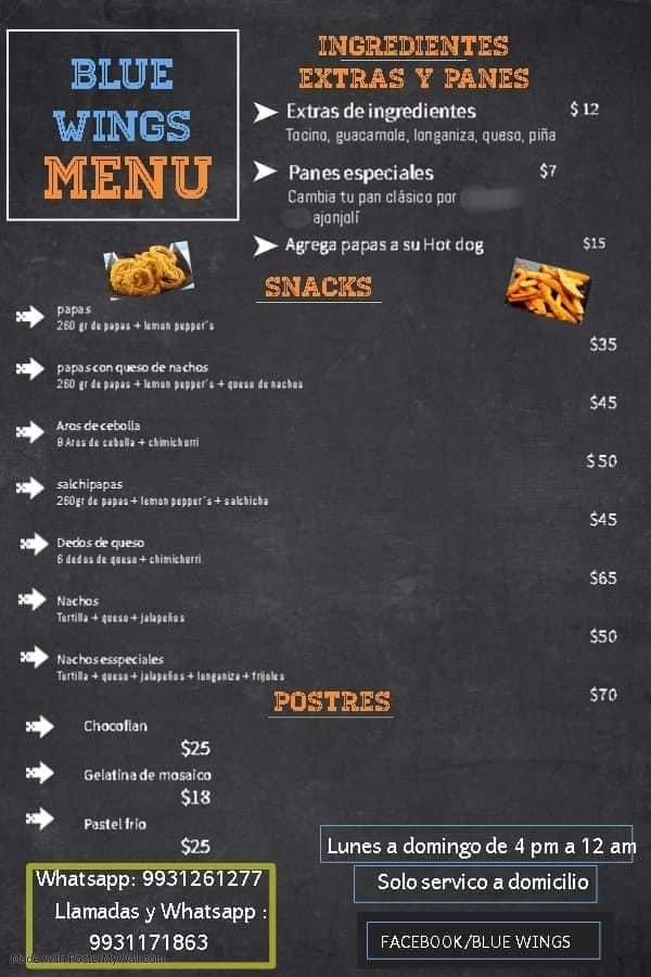 Menu at Blue Wings restaurant, Teapa